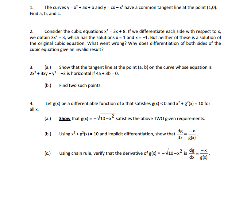 Solved 1. The curves y = x^2 + ax + b and y = cx - x^2 have | Chegg.com