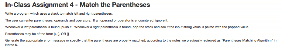 Solved In-Class Assignment 4 - Match the Parentheses Write a | Chegg.com