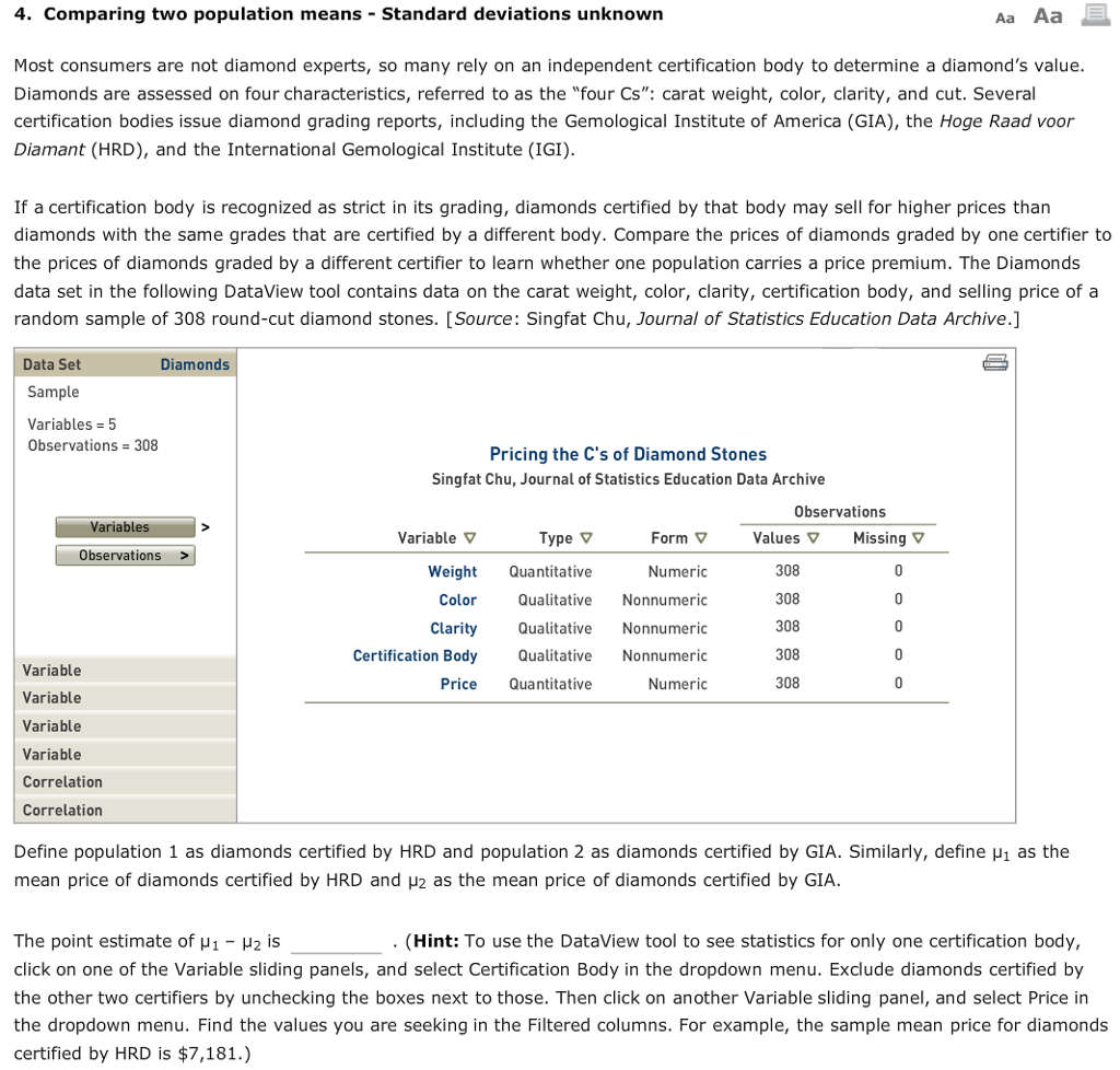 4. Comparing two population means Standard deviations | Chegg.com