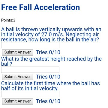 Solved Free Fall Acceleration Points: 3 A ball is thrown | Chegg.com