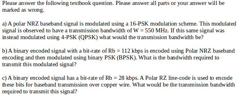 Solved A polar NRZ baseband signal is modulated using a | Chegg.com