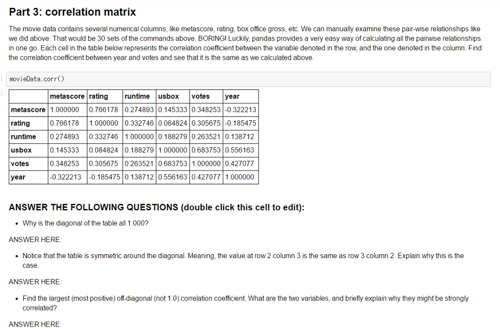 Solved Part 3: correlation matrix The movie data contains | Chegg.com