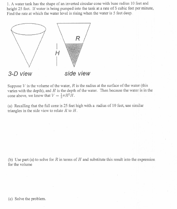Solved 1. A water tank has the shape of an inverted circular | Chegg.com