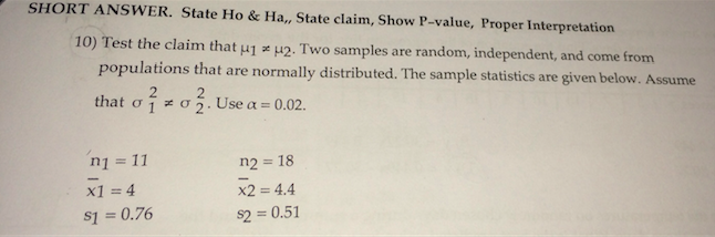 Solved Test the claim that mu 1 mu2 Two samples are random, | Chegg.com