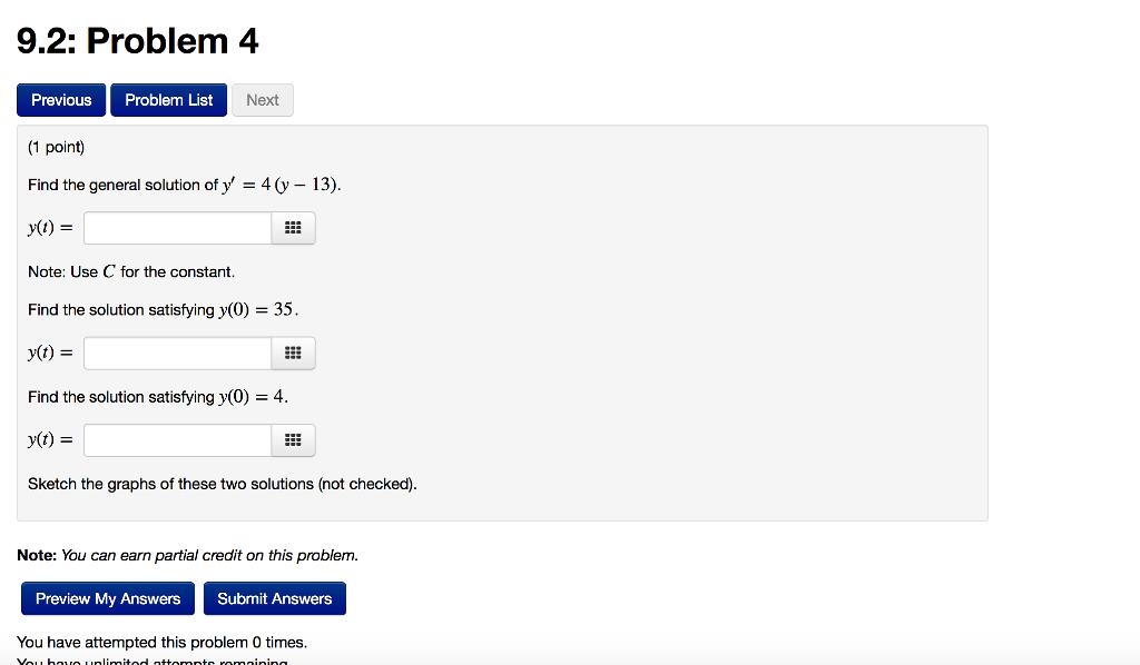 Solved Find the general solution of y' = 4(y - 13). y(t) = | Chegg.com