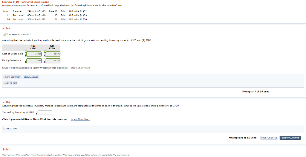 Solved Exercise 9-10 (Part Level Submission) Inventory | Chegg.com