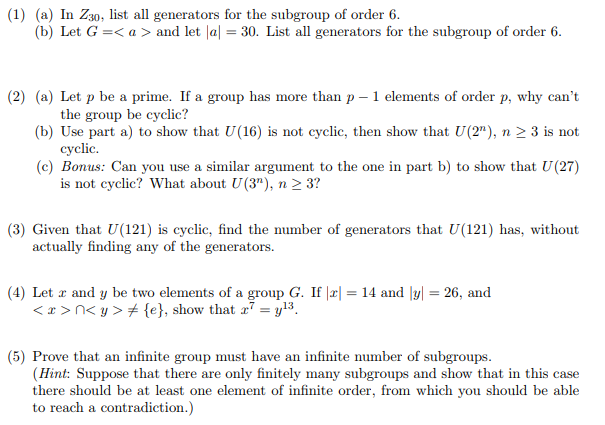 Solved (1) (a) In Zo, list all generators for the subgroup | Chegg.com