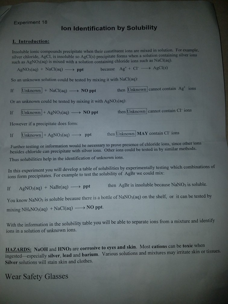 Solved Experiment 18 Ion Identification by Solubility 1. | Chegg.com