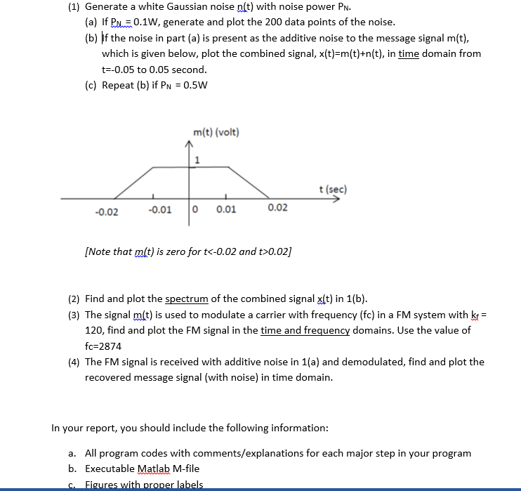 Generate a white Gaussian noise n(t) with noise power | Chegg.com