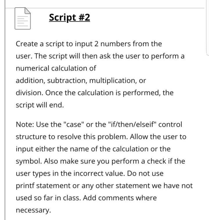Solved Script#2 Create a script to input 2 numbers from the | Chegg.com