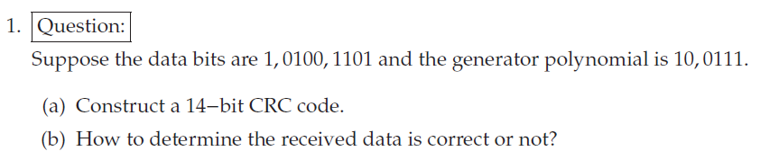 Solved 1. Question: Suppose the data bits are 1,0100, 1101 | Chegg.com