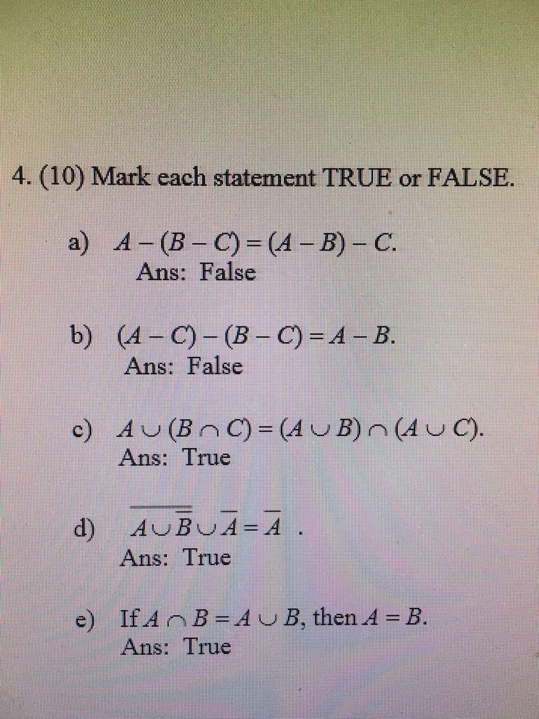 Solved Discrete Math: Mark each statement TRUE or FALSE | Chegg.com
