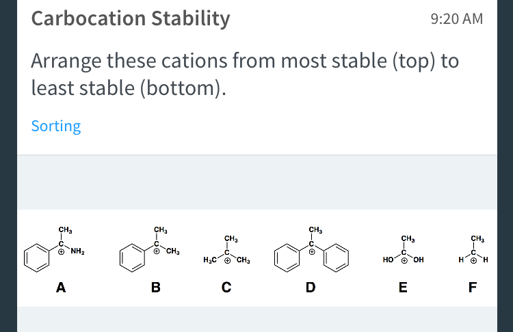 Solved Carbocation Stability Arrange these cations from | Chegg.com