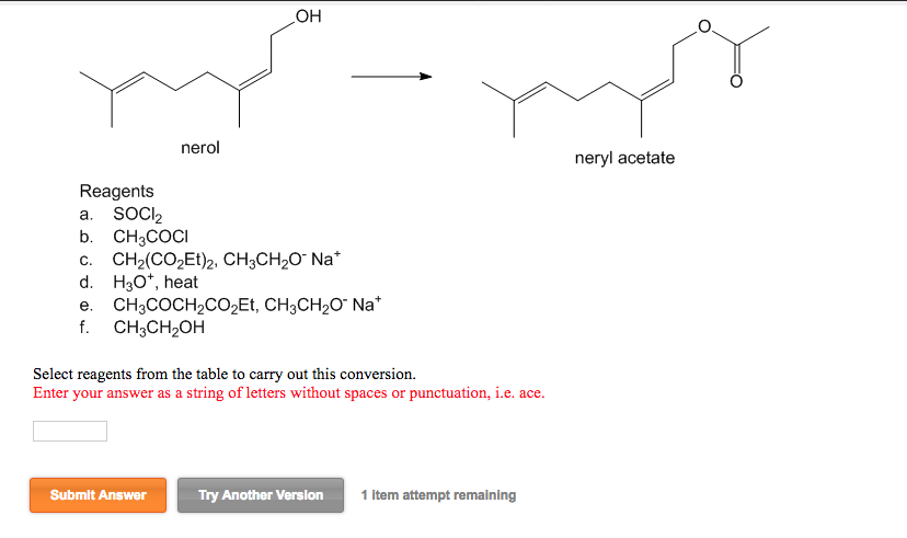 Solved ?? nerol neryl acetate Reagents a. Socl2 b. CH3Coci | Chegg.com