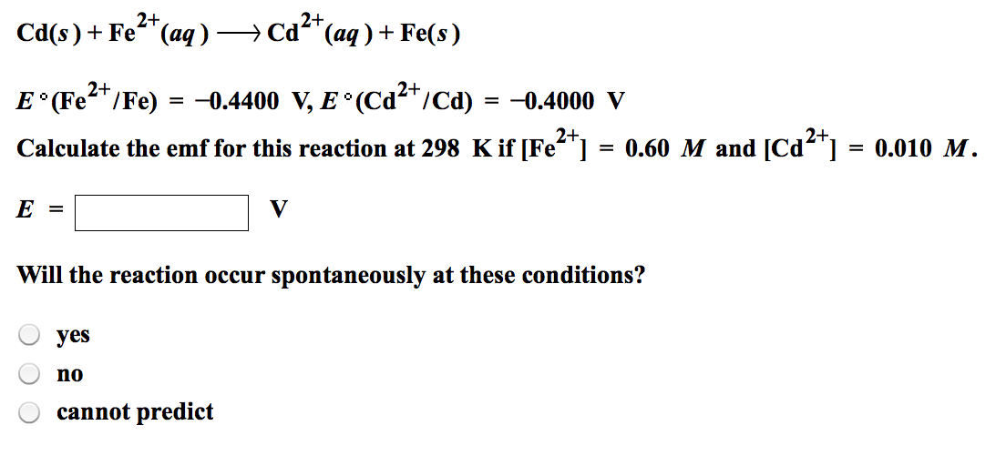 Solved Calculate the emf for this reaction at 298 K if | Chegg.com