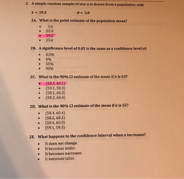 Solved A simple random sample of size n is drawn from a | Chegg.com