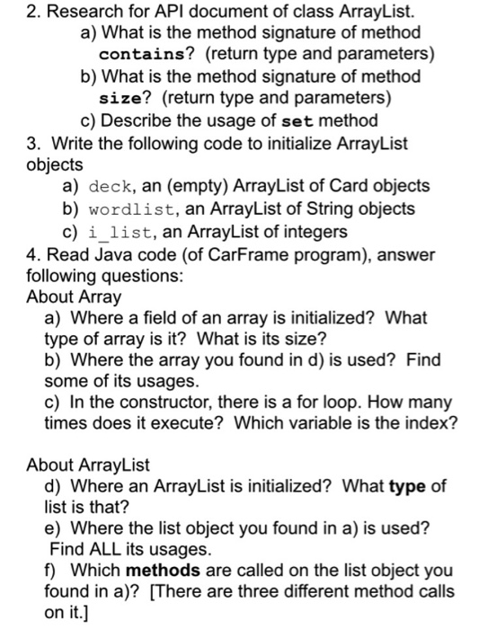 Solved Research for API document of class ArrayList. a) | Chegg.com