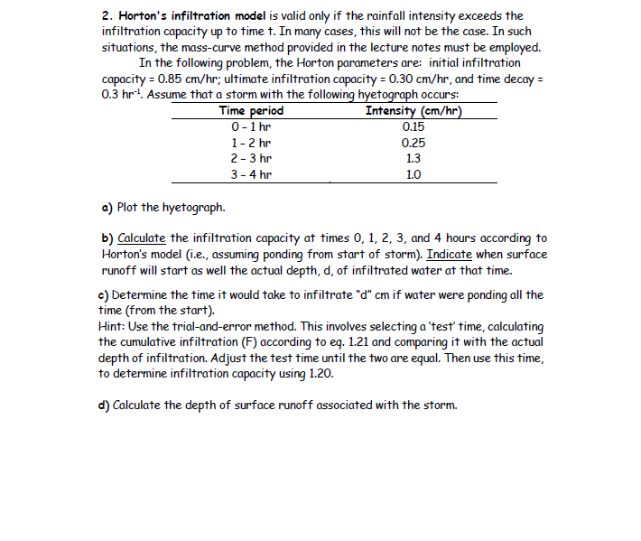 Solved 2. Horton's infiltration model is valid only if the | Chegg.com