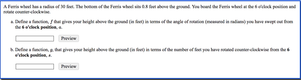 Solved A Ferris wheel has a radius of 30 feet. The bottom of | Chegg.com
