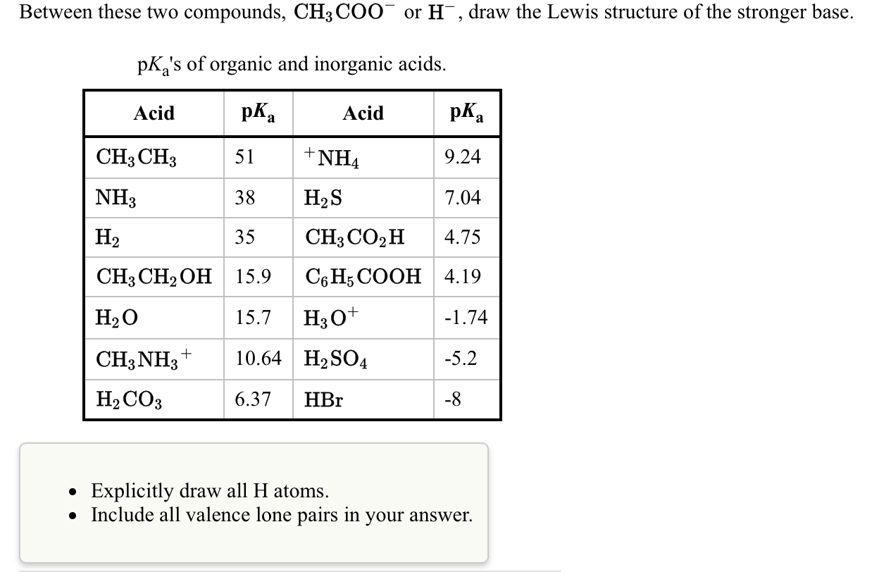 Solved Between these two compounds, CH3COO- or H-, draw the | Chegg.com