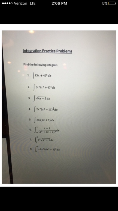 Solved Find the following integrals. Integral(5x+4)^5dx | Chegg.com