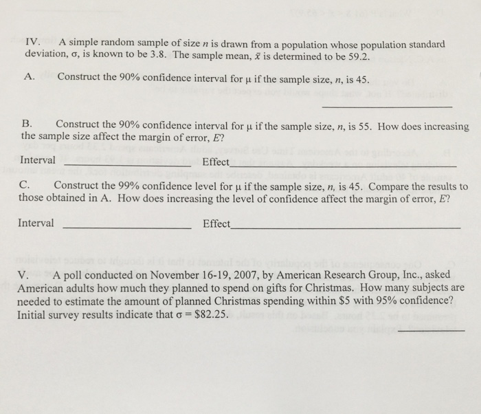 Solved IV. A simple random sample of size n is drawn from a | Chegg.com