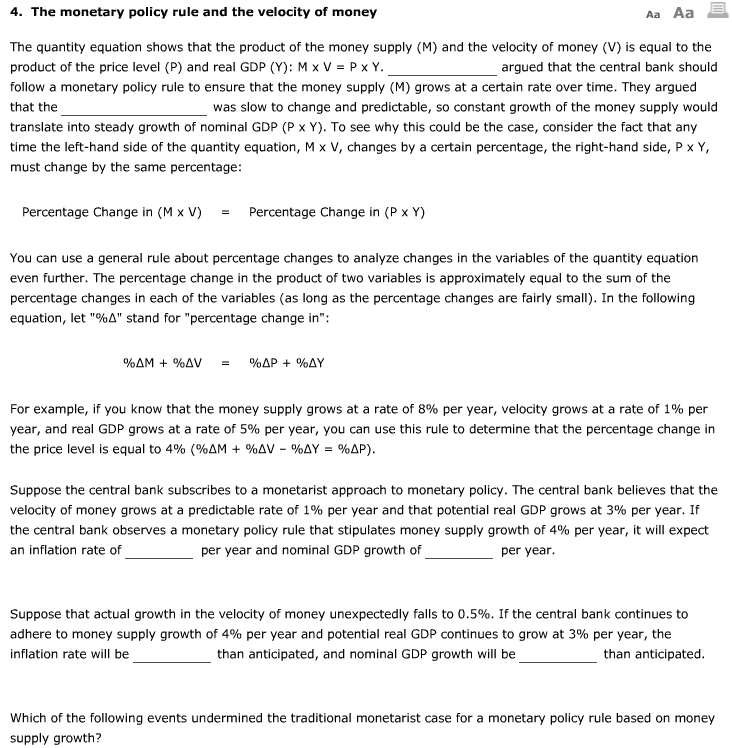 Solved 4. The monetary policy rule and the velocity of money | Chegg.com