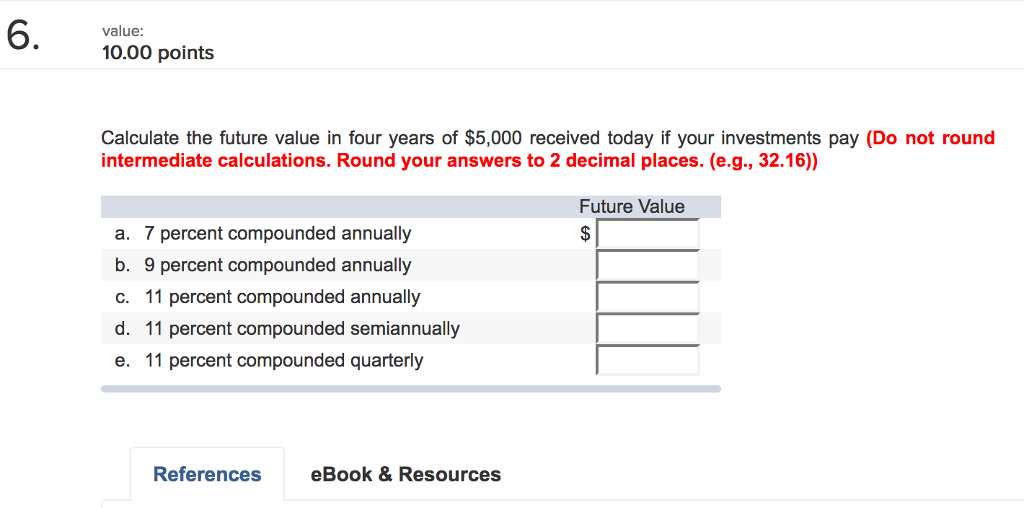 Solved 6. value: 10.00 points Calculate the future value in | Chegg.com