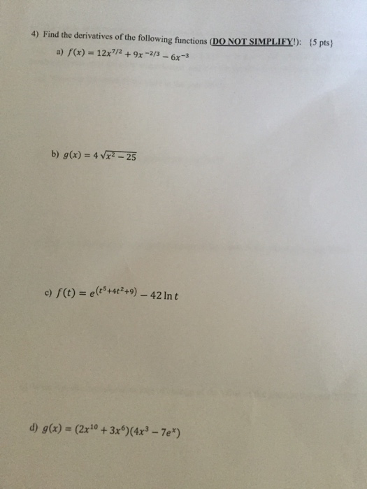 Solved Find the derivatives of the following functions f(x) | Chegg.com