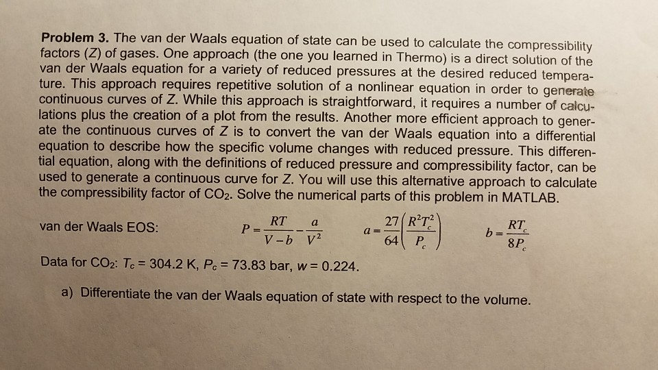 Problem 3. The van der Waals equation of state can be | Chegg.com