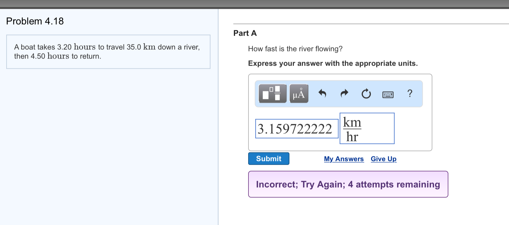 Solved A boat takes 3.20 hours to travel 35.0 km down a | Chegg.com Solved A boat takes 3.20 hours to travel 35.0 km down a | Chegg.com