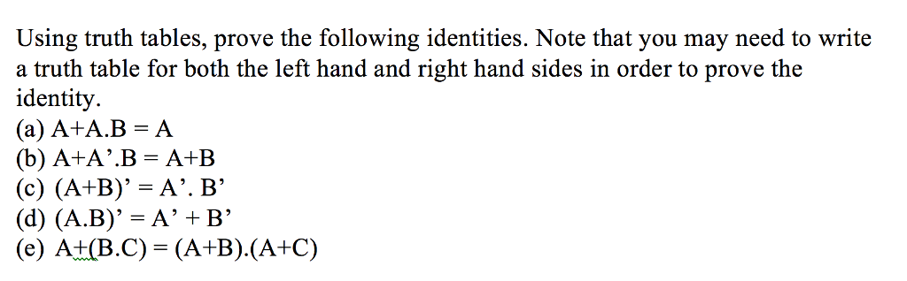 Solved Using truth tables, prove the following identities. | Chegg.com