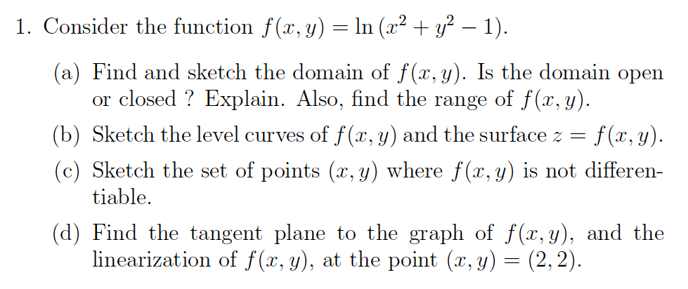 Solved Consider the function f(x, y) = ln (x^2 + y^2 - 1). | Chegg.com