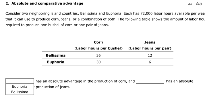 Solved 2. Absolute and comparative advantage Aa Aa Consider | Chegg.com