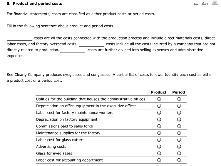 Solved Aa Aa 5. Product and period costs For financial | Chegg.com