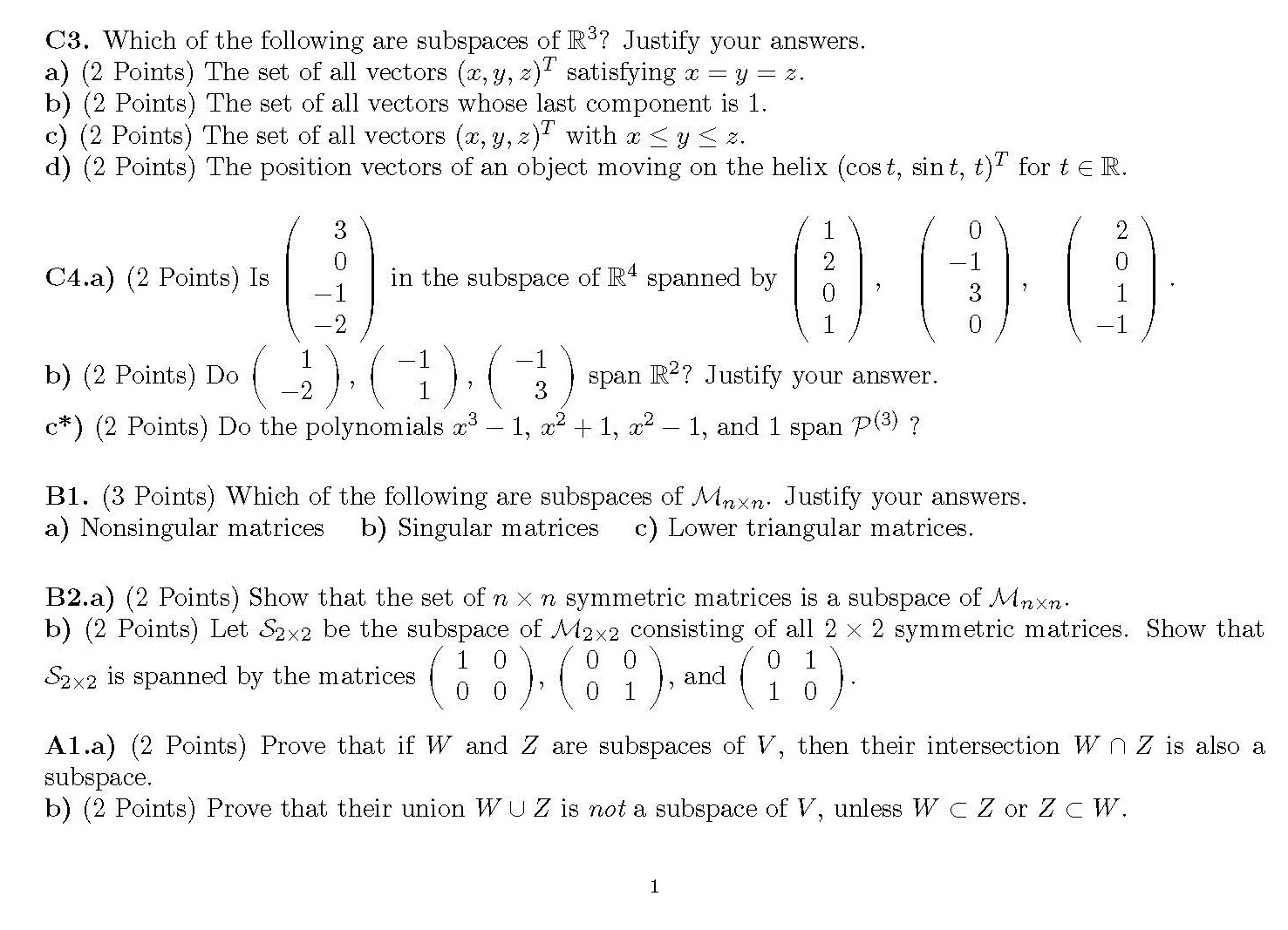 C3 Which Of The Following Are Subspaces Of R3