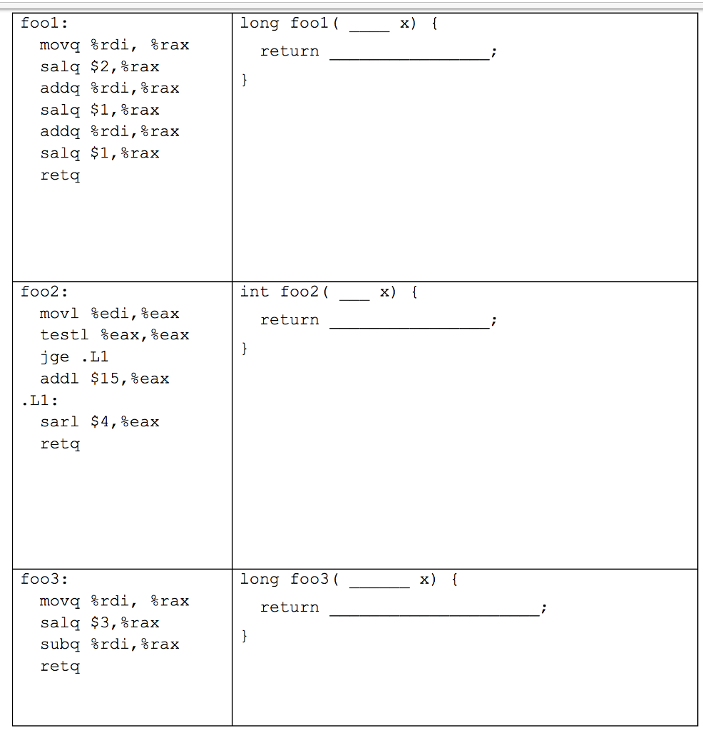 Solved For foo1-foo5, fill in the corresponding c code baed | Chegg.com