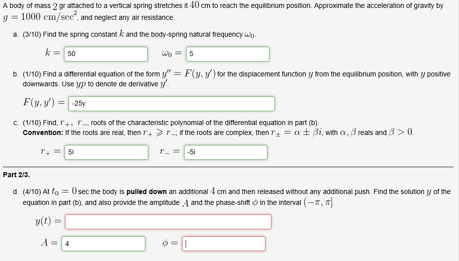 Solved A body of mass 2 gr attached to a vertical spring | Chegg.com