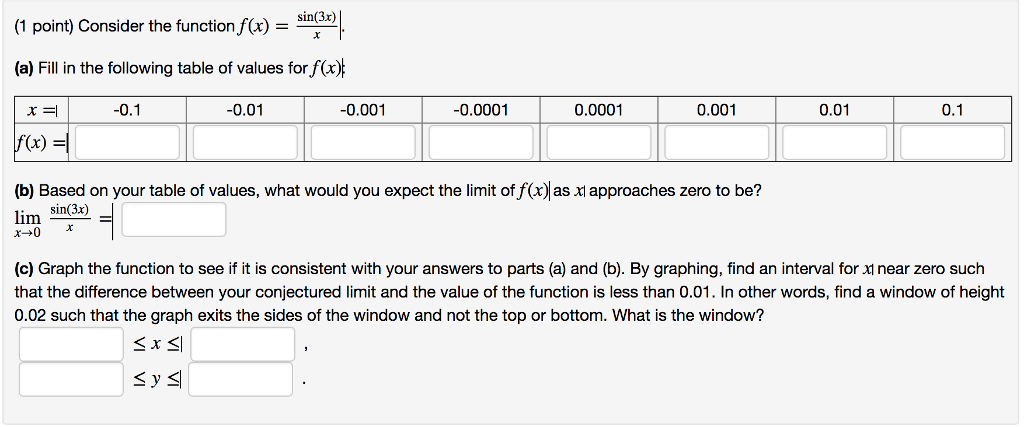 Solved Consider the function f(x) = sin(3x)/x. Fill in the | Chegg.com