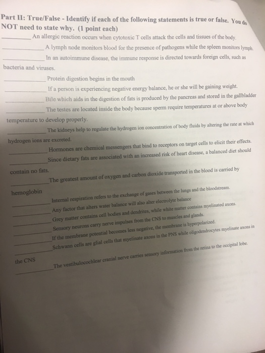 Solved Part II: True/False - Identify if each of the | Chegg.com