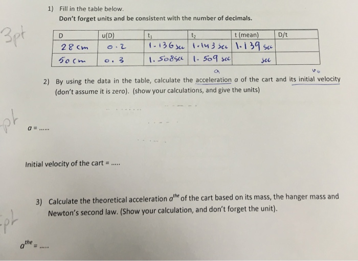 Solved 1) Fill in the table below. Don't forget units and be | Chegg.com