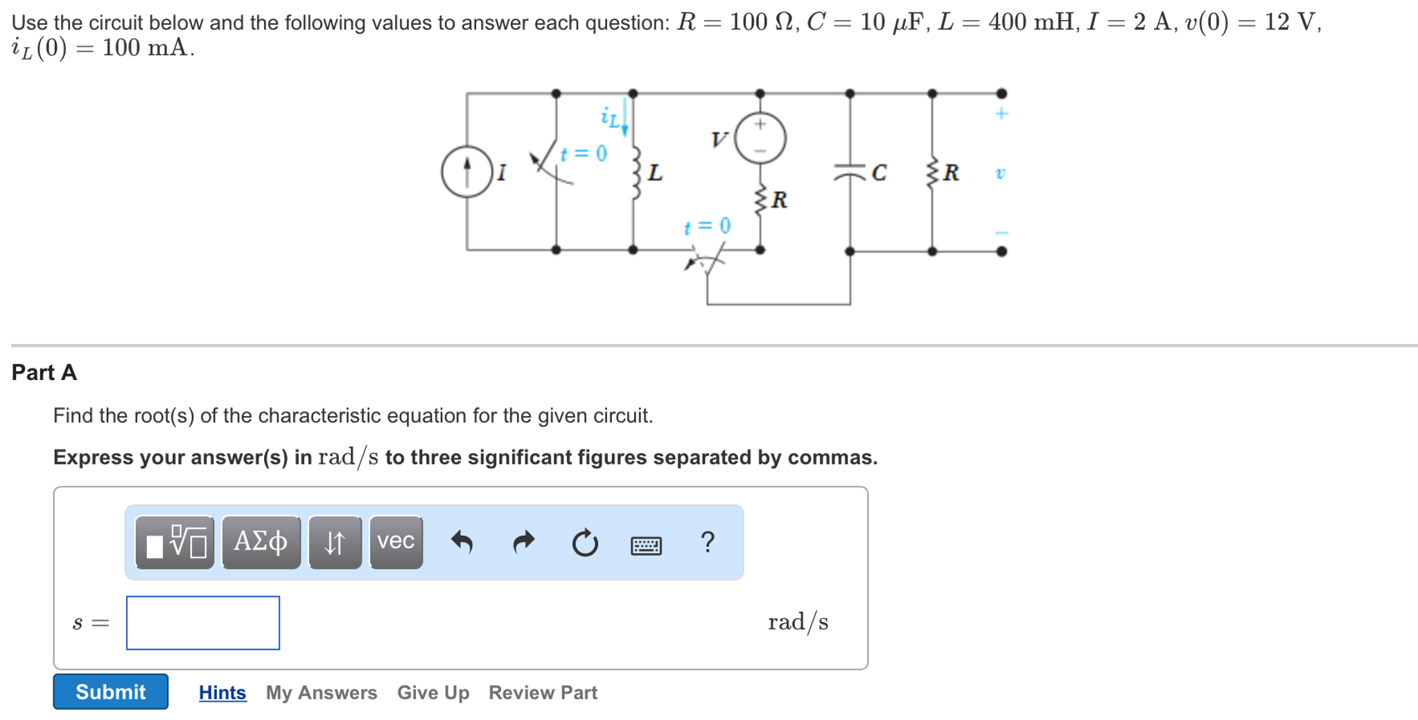 Solved The Step Response of a Critically Damped Parallel RLC | Chegg.com