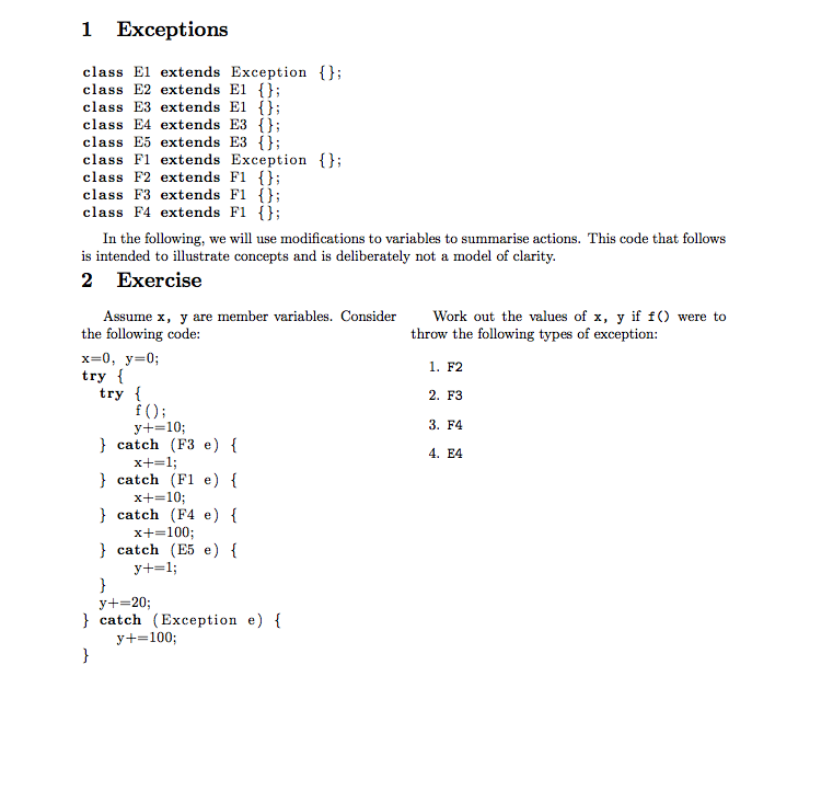 Solved 1 Exceptions class El extends Exception class E2 | Chegg.com