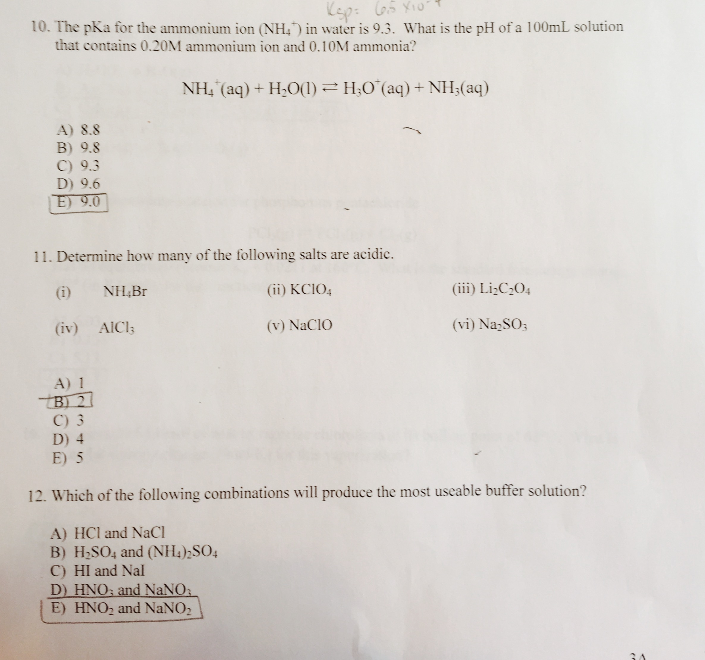 The pKa for the ammonium ion (NH4^+) in water is 9.3. | Chegg.com