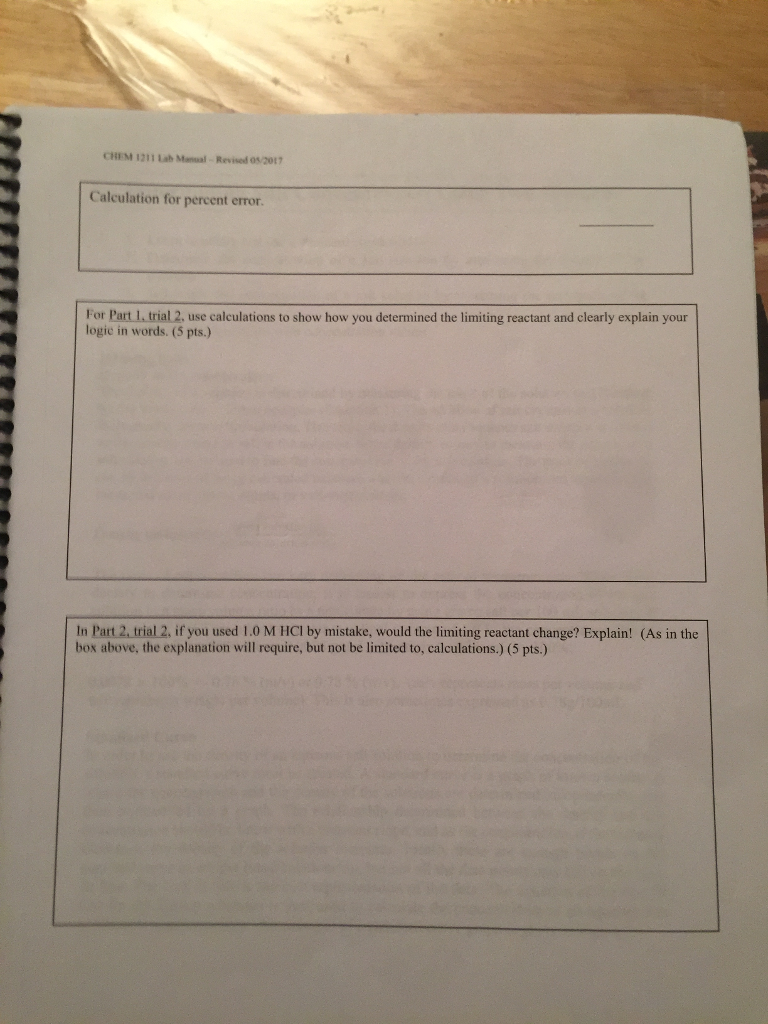 Solved CHEM 1211 Lab Manual-Revised 05/2017 Calculation for | Chegg.com