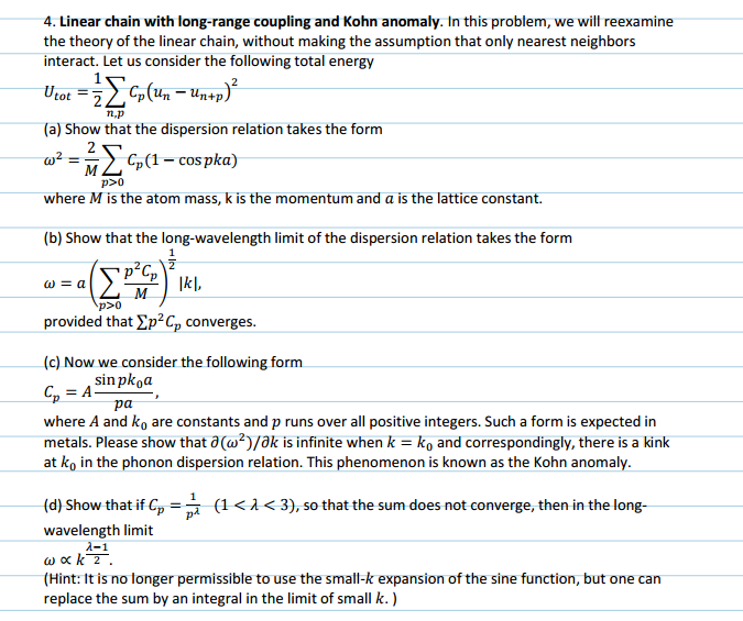 Linear chain with long-range coupling and Kohn | Chegg.com