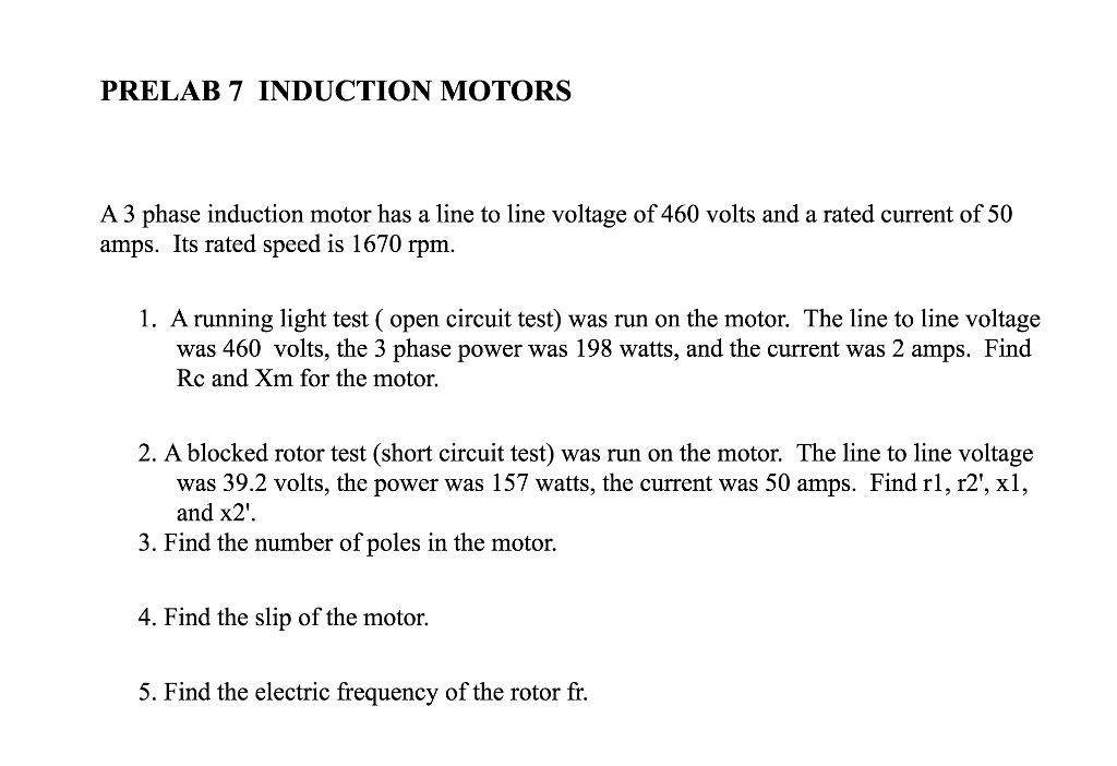 Solved PRELAB 7 INDUCTION MOTORS A 3 phase induction motor | Chegg.com