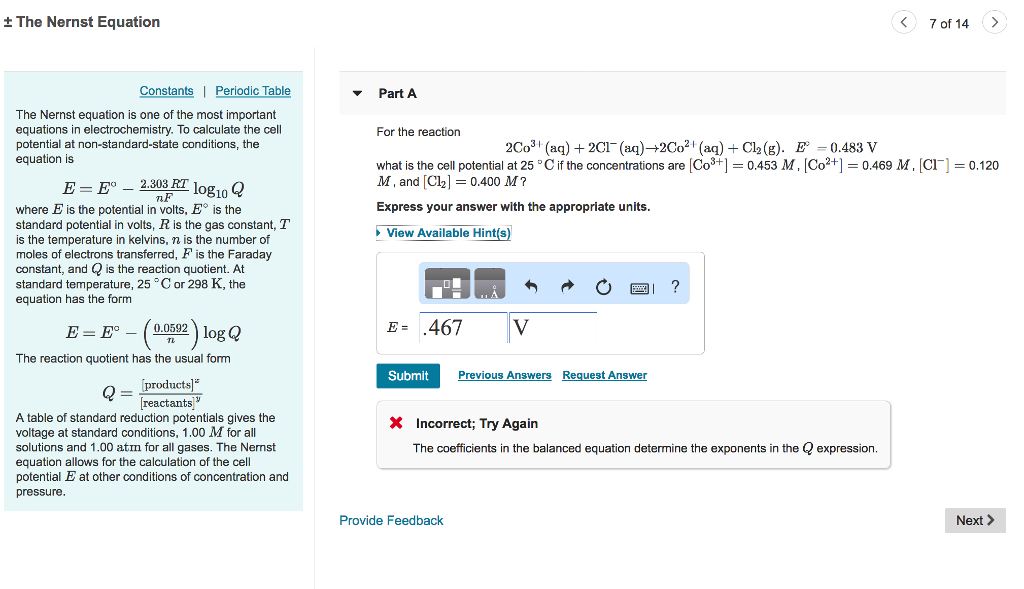 Solved ± The Nernst Equation 7 of 14> Constants Periodic | Chegg.com