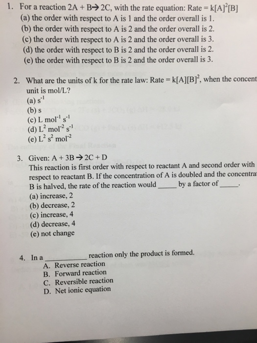 Solved For a reaction 2A + B rightarrow 2C, with the rate | Chegg.com