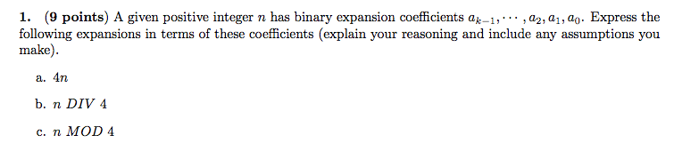 Solved A given positive integer n has binary expansion | Chegg.com